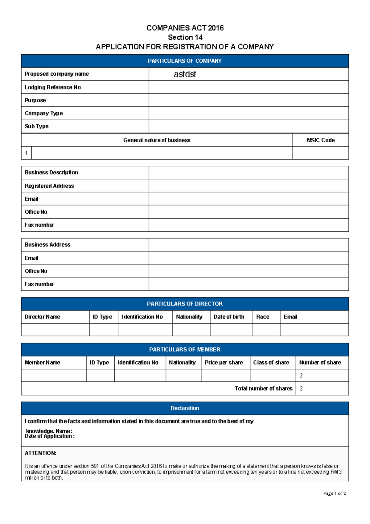 Incorp superform - asdfasdf - COMPANIES ACT Section APPLICATION FOR ...