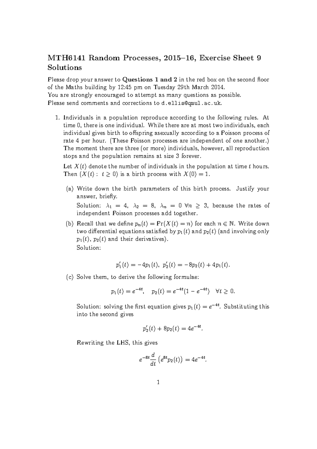 Exercise sheet 9 - solutions - MTH6141 Random Processes, 2015–16 ...