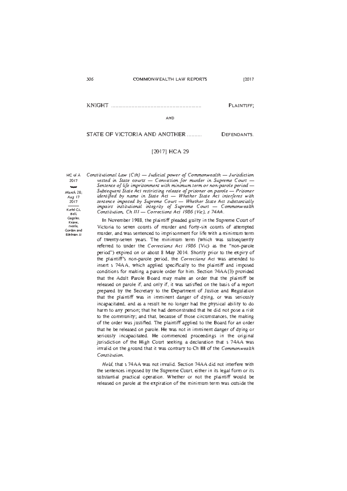 261 CLR 306 - adfdsf adsfasdf asd fadsfasdfasdfasd f - KNIGHT - Studocu