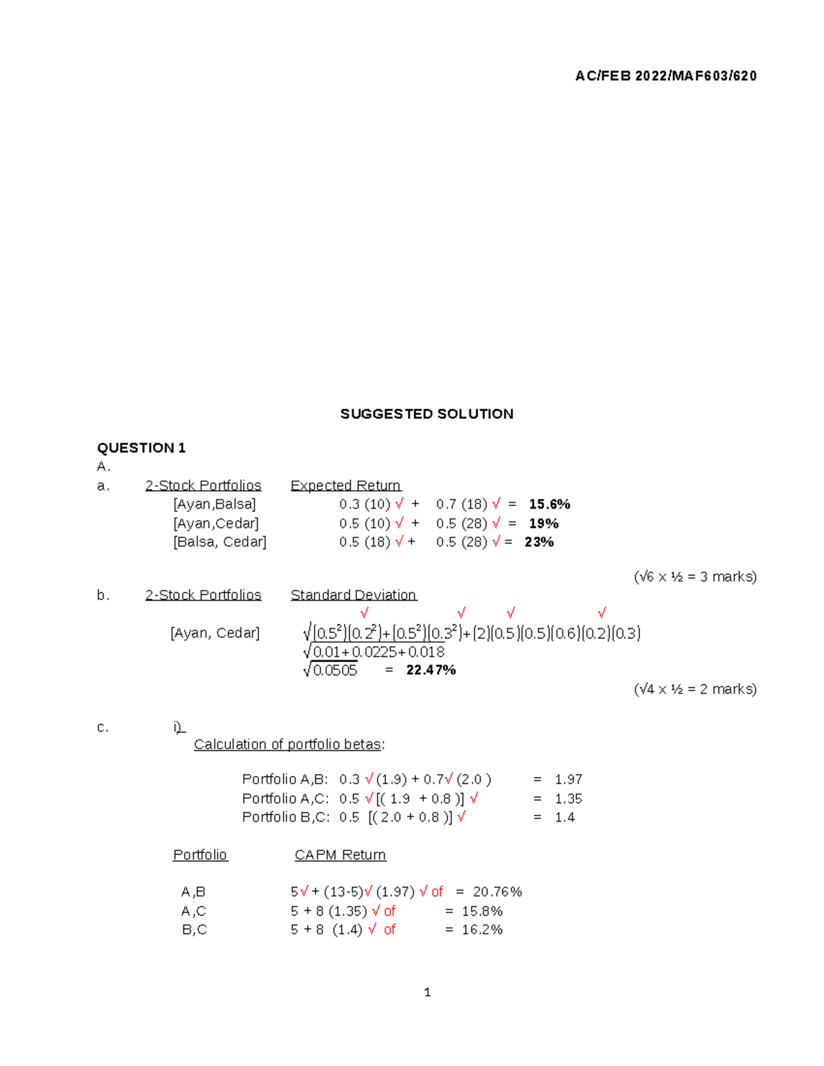 FEB 22 SS - SUGGESTED SOLUTION - SUGGESTED SOLUTION QUESTION 1 A. a. 2-Stock Portfolios Expected ...