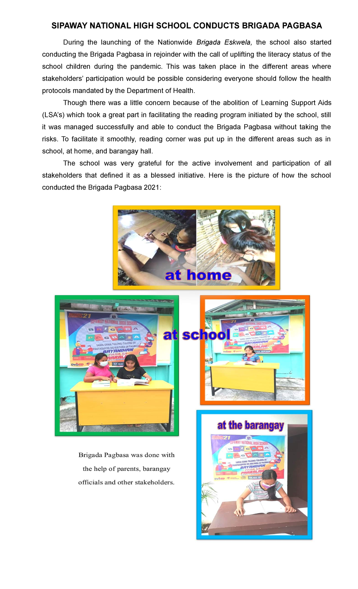 Brigada Pagbasa and Literacy Status (Establishment of Reading Corner) - SIPAWAY NATIONAL HIGH ...