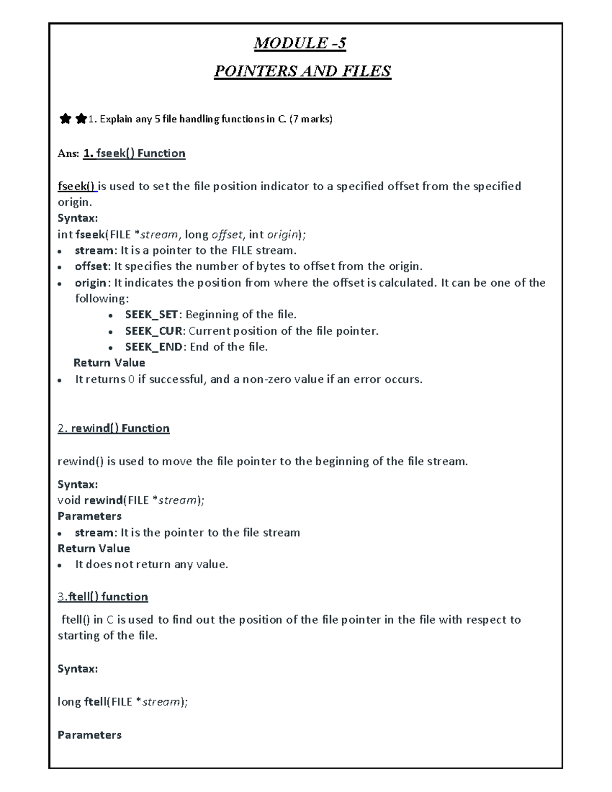 Module 5 important questions - MODULE - POINTERS AND FILES ⭐⭐ 1. Explain any 5 file handling ...