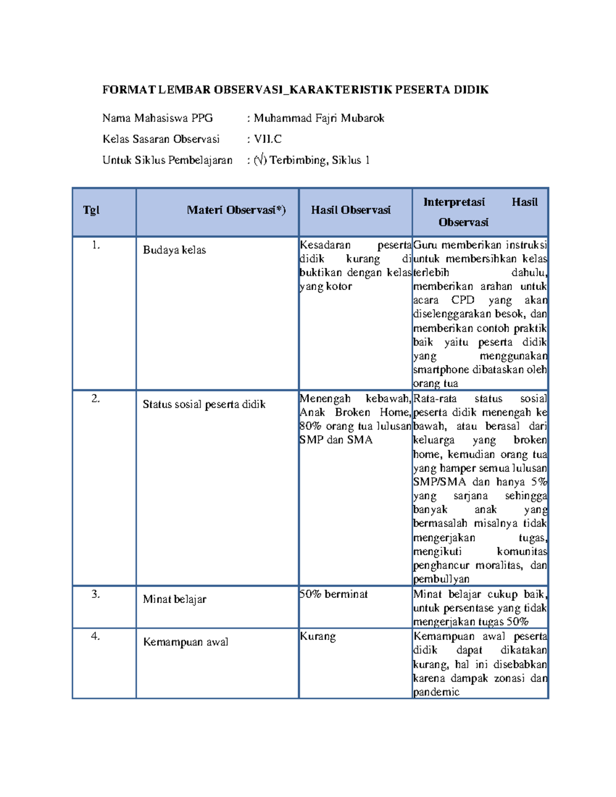 Format Lembar Observasi Muhammad Fajri Mubarok - FORMAT LEMBAR ...