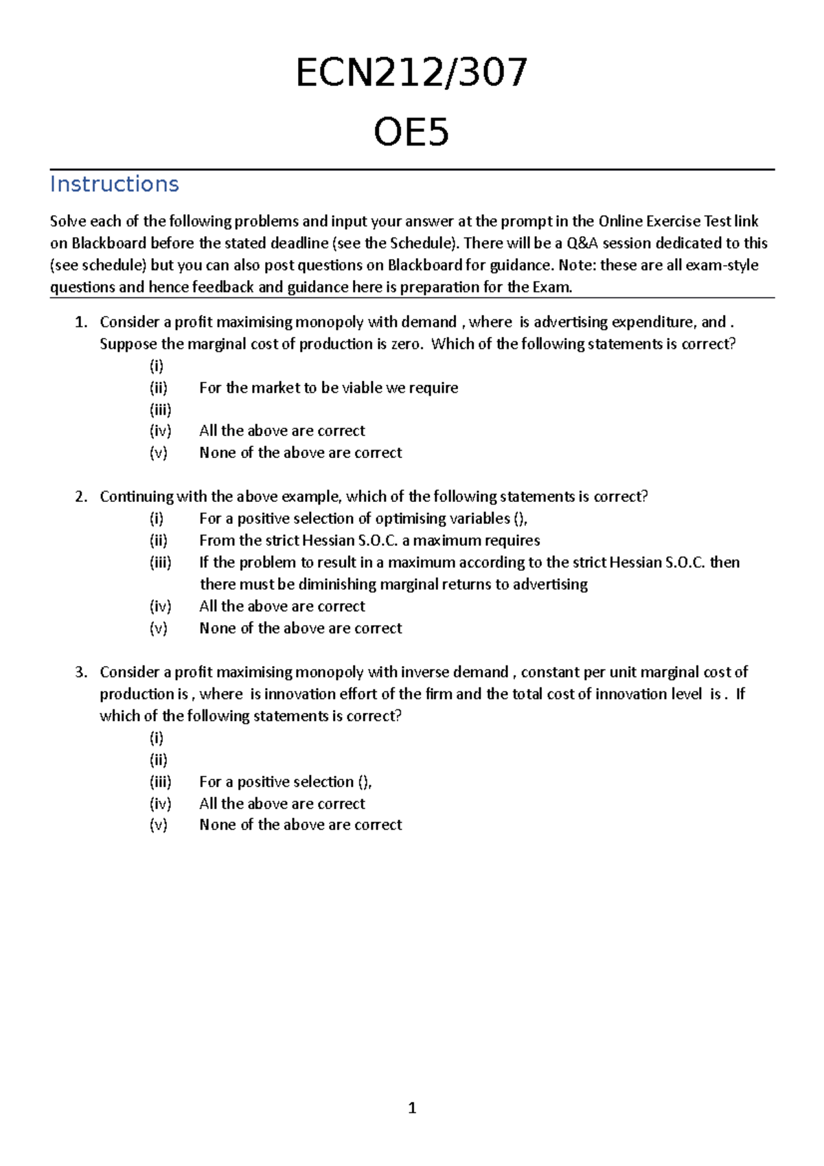 ECN212 - OE5 - key info - ECN212/ OE Instructions Solve each of the ...