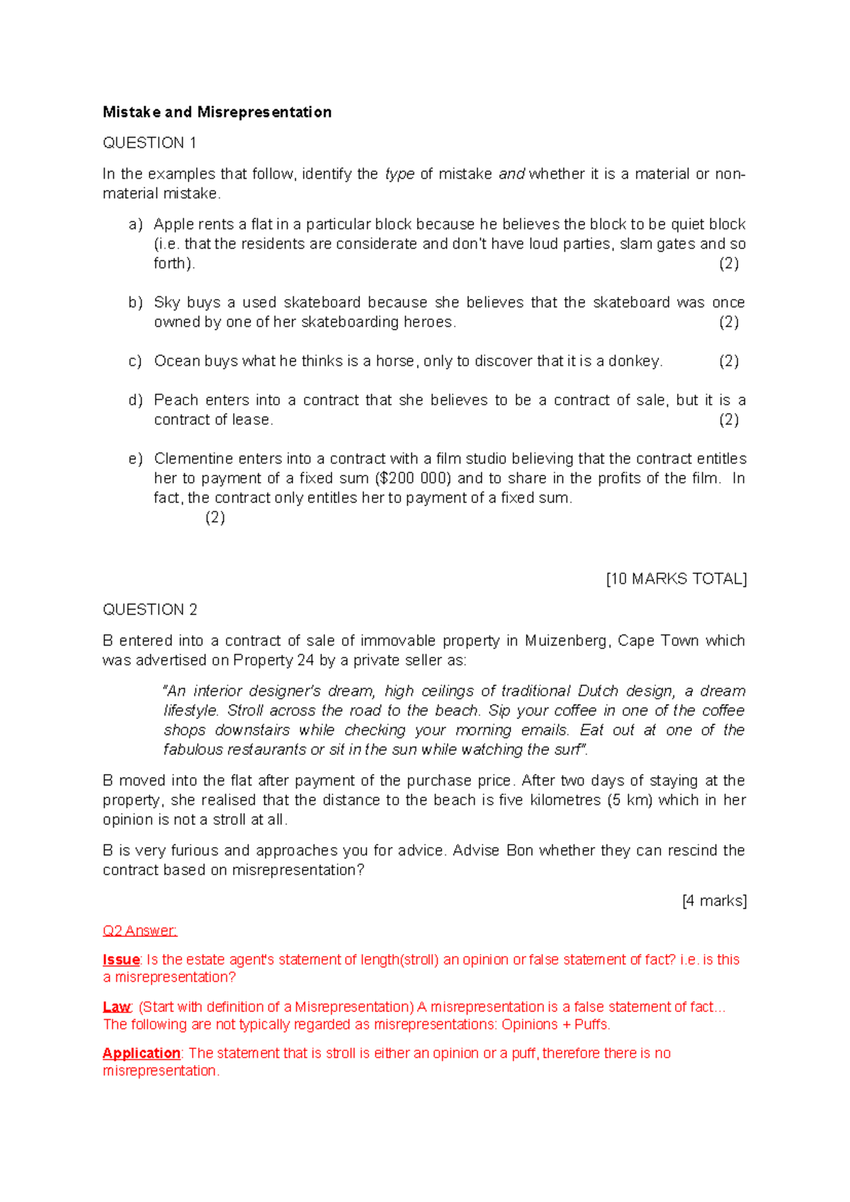 Worksheet PART B Mistakes and Misrepresentations - Mistake and Misrepresentation QUESTION 1 In ...