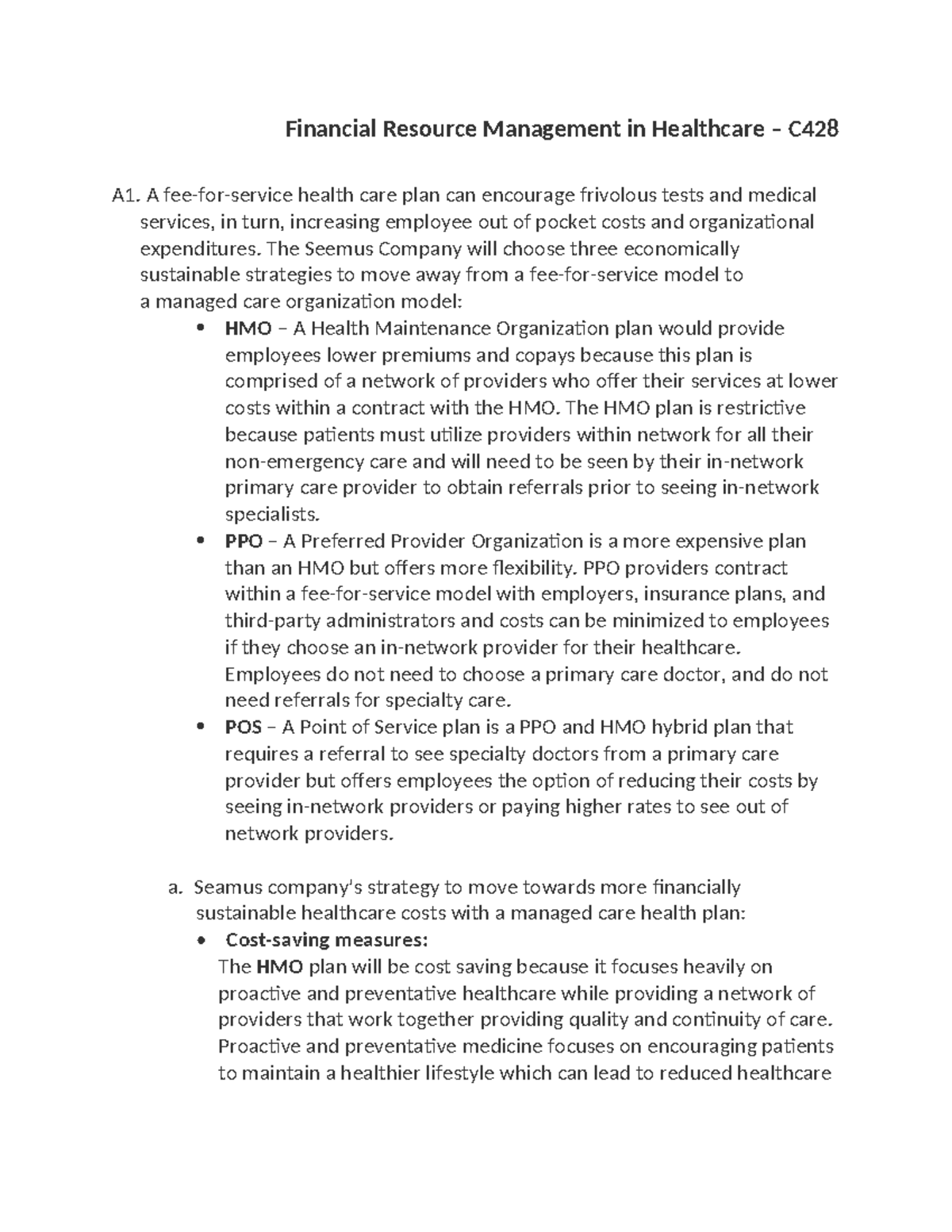 PA c428 SU - Financial Resource Management in Healthcare – C A1. A fee ...