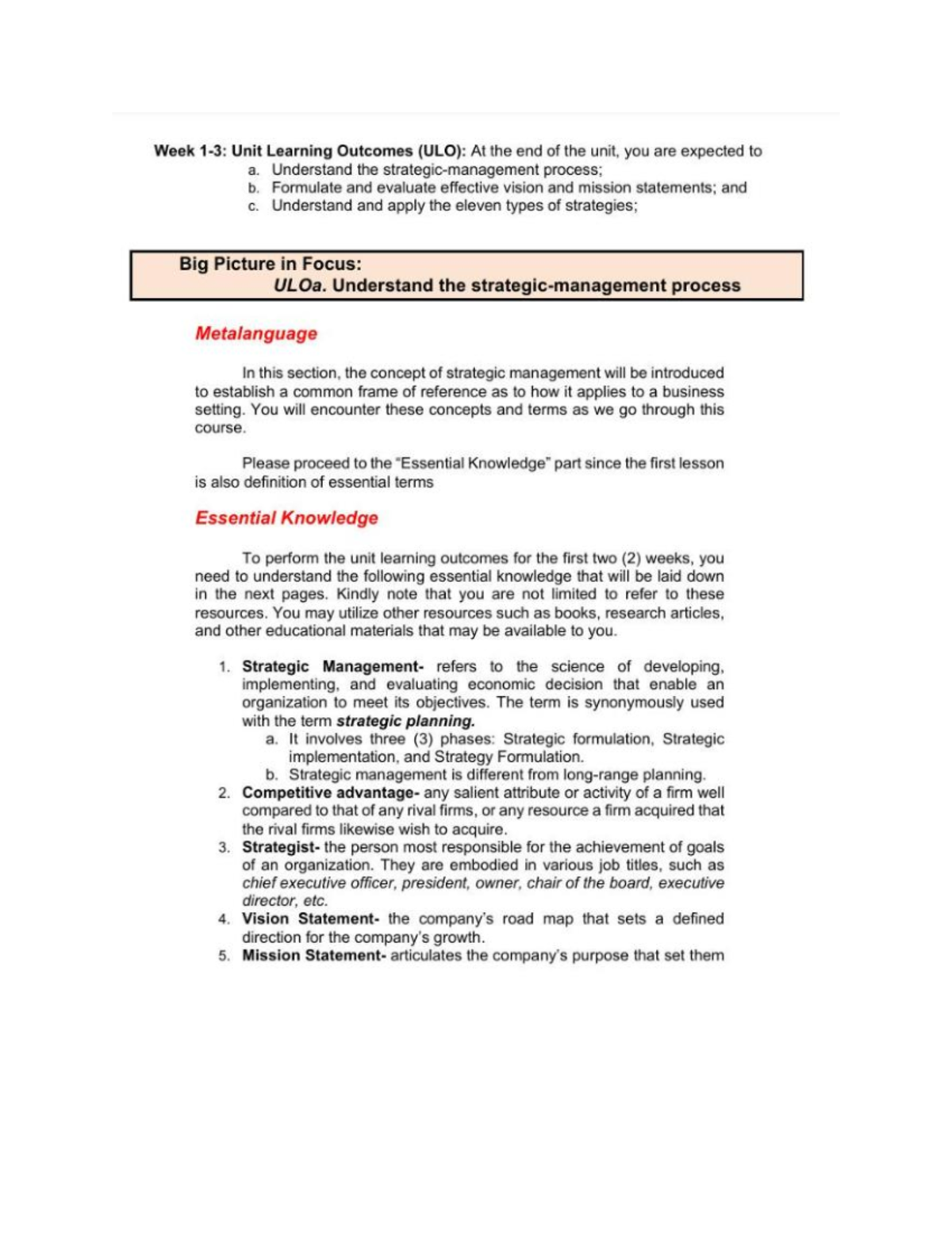 Week-1-3 - Strategic Management- Overview and scope. Notes - Management ...