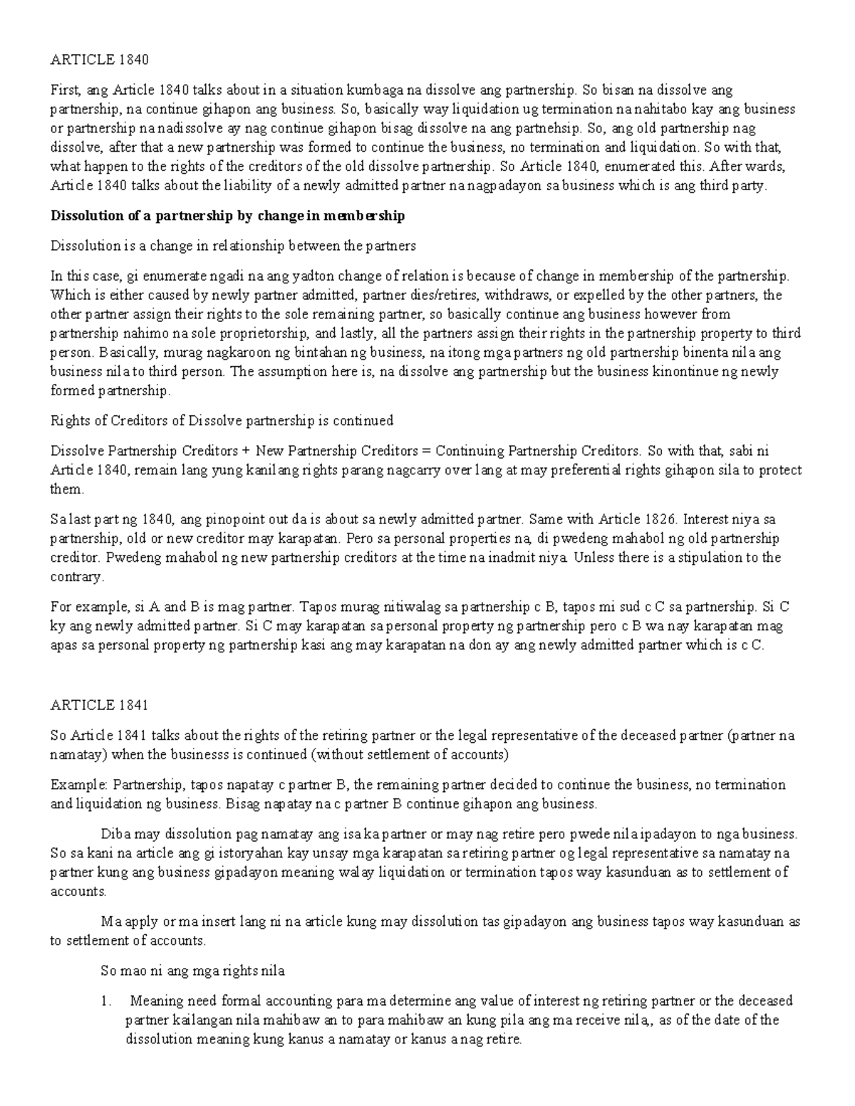 Article 1840 script - Law 2 - ARTICLE 1840 First, ang Article 1840 ...