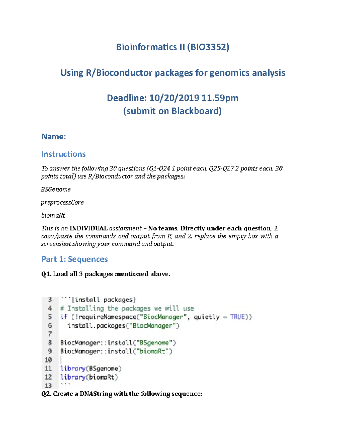 Assignment 1 R v2 2 - prof g - Bioinformatics II (BIO3352) Using R ...
