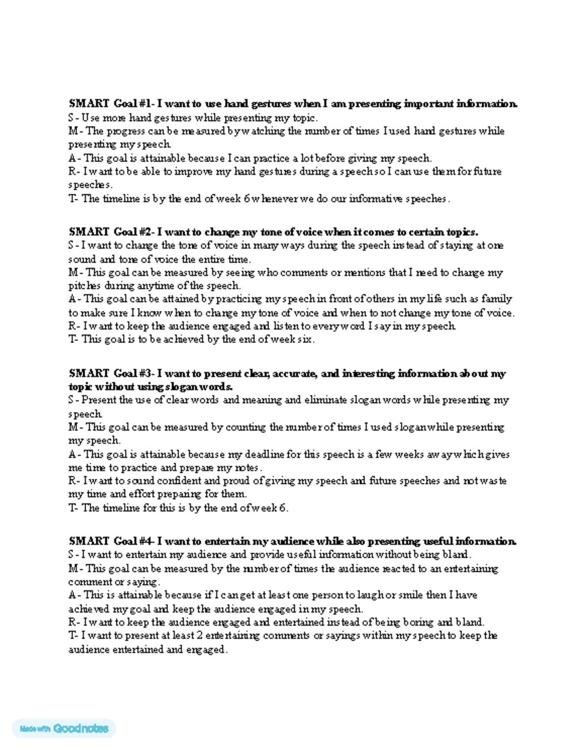 Informative Speech Goals - SMART Goal #1- I want to use hand gestures ...