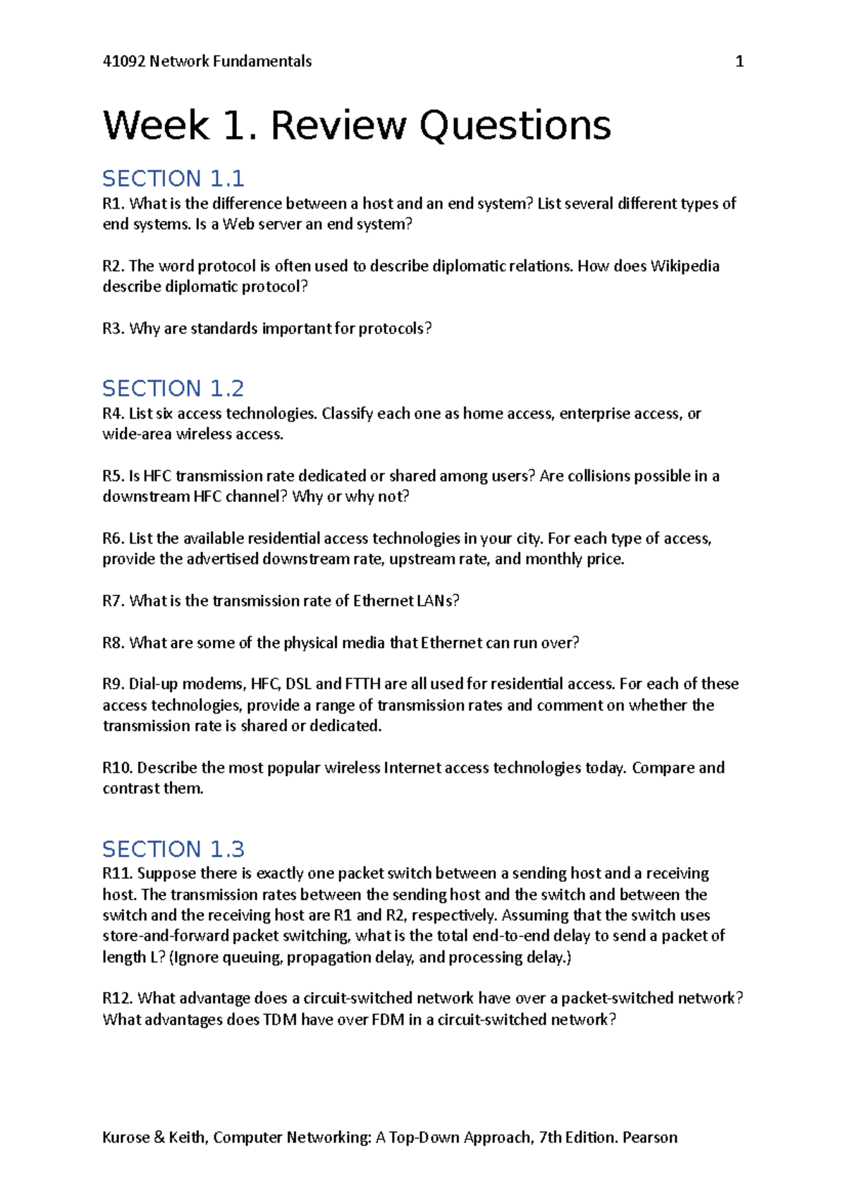 Week1-Review Question - 41092 Network Fundamentals Week 1. Review Questions SECTION 1. R1. What ...