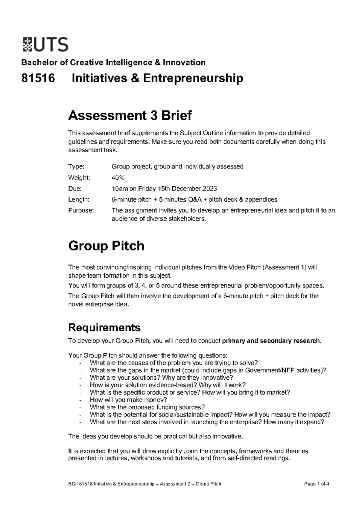 Assessment 3 - Group Pitch - Bachelor of Creative Intelligence ...