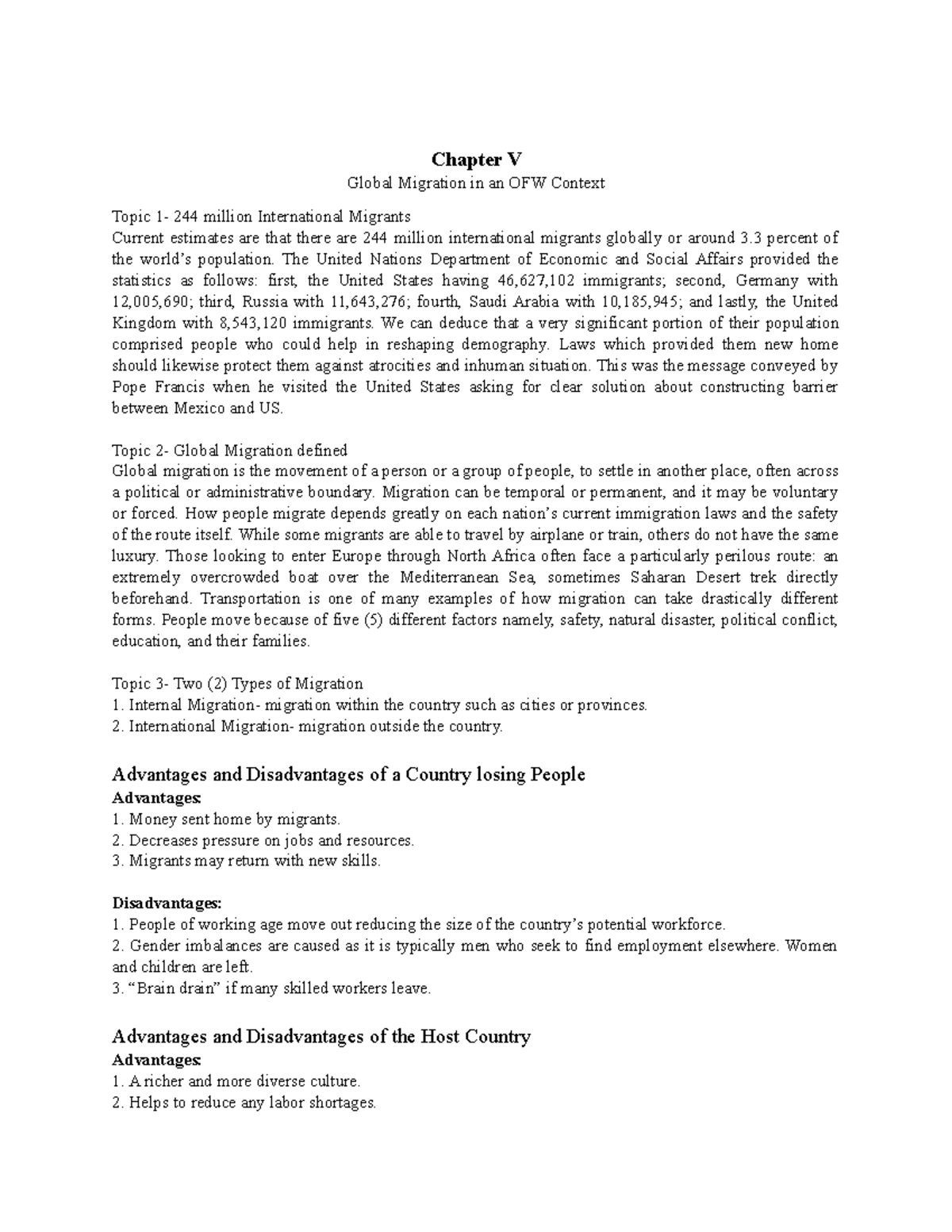 Global Migration in an OFW Context - Chapter V Global Migration in an OFW Context Topic 1- 244 ...