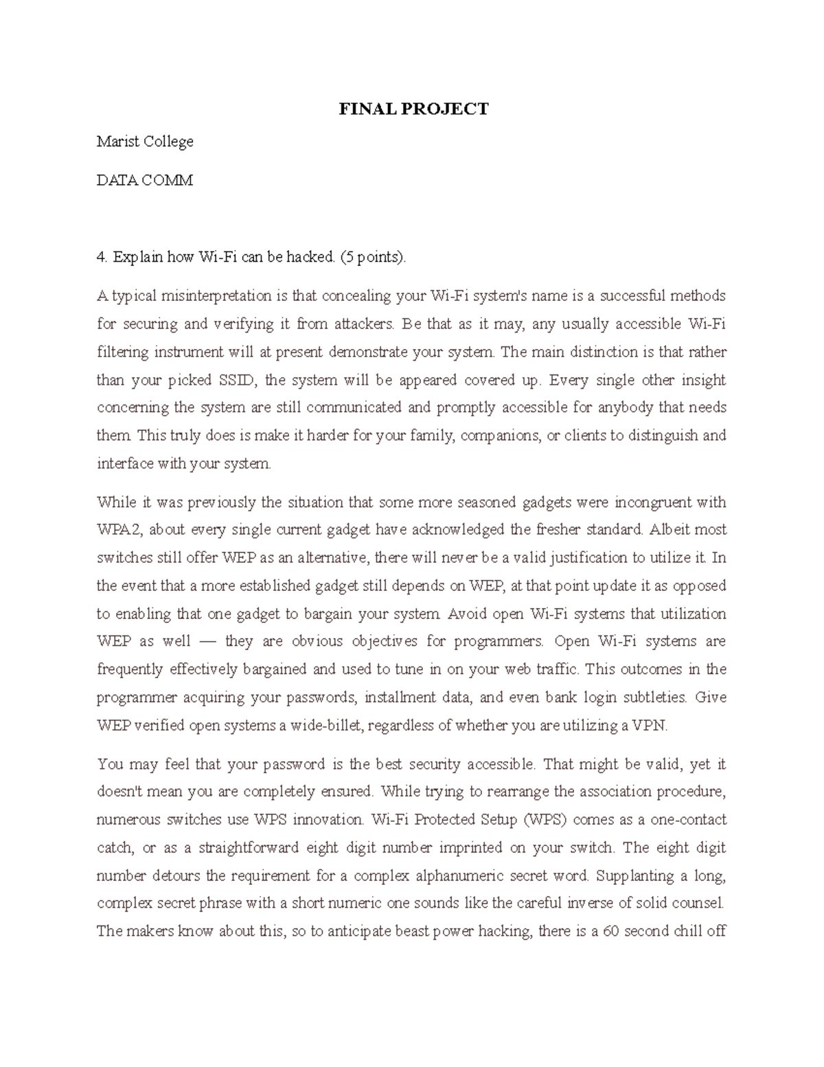 Final Project 4 - FINAL PROJECT Marist College DATA COMM Explain how Wi ...