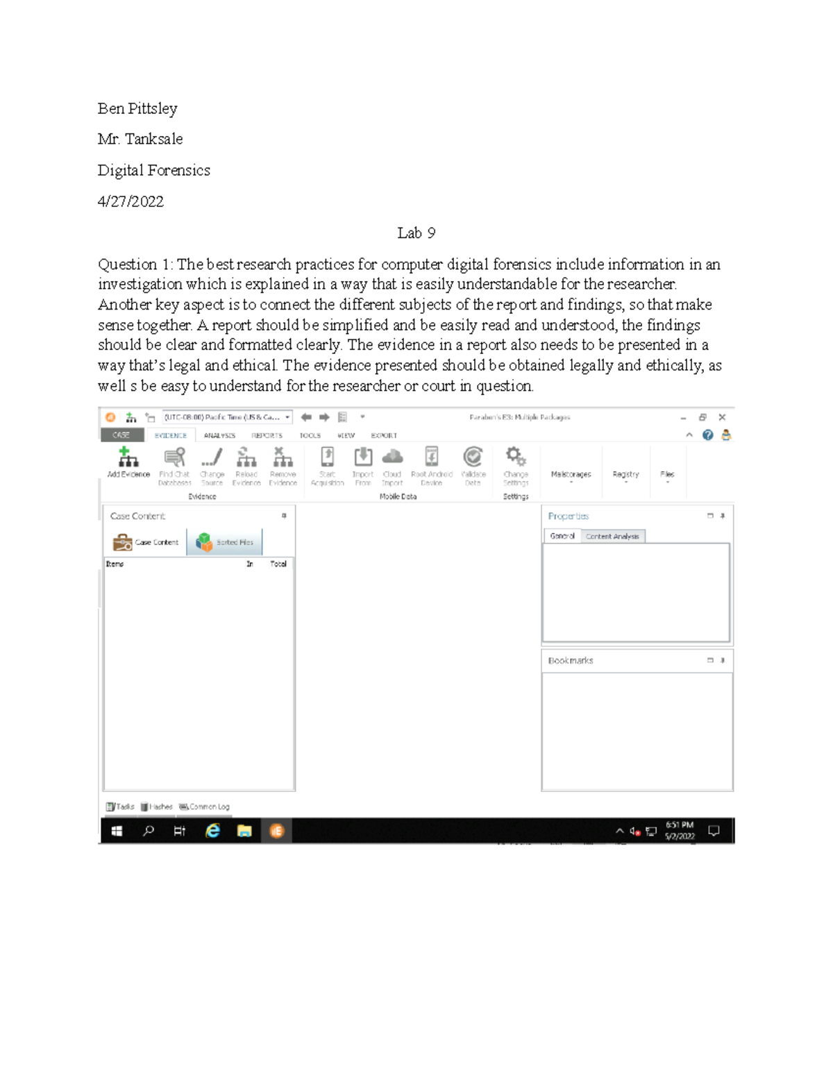Lab 9 digital forensics - Ben Pittsley Mr. Tanksale Digital Forensics 4 ...