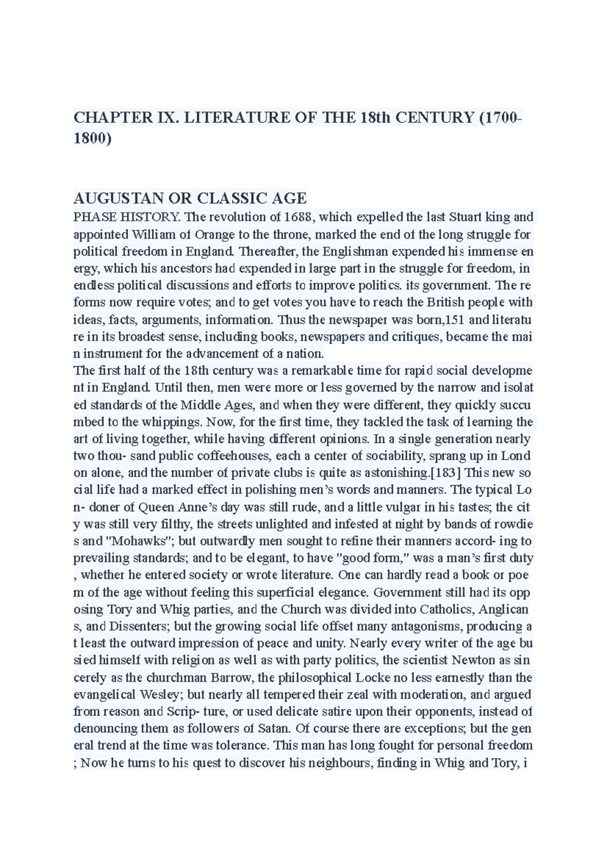 English Literature 1 - CHAPTER IX. LITERATURE OF THE 18th CENTURY (1700 ...