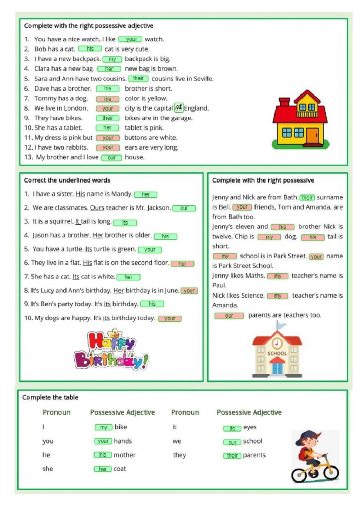 Ingles - Complete with the right possessive adjective 1. You have a ...