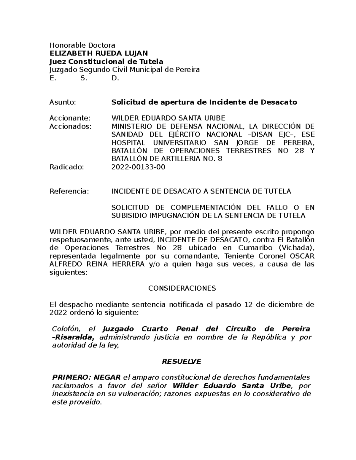 2022-00133-00 Incidente Desacato Tutela wilder - Honorable Doctora ...