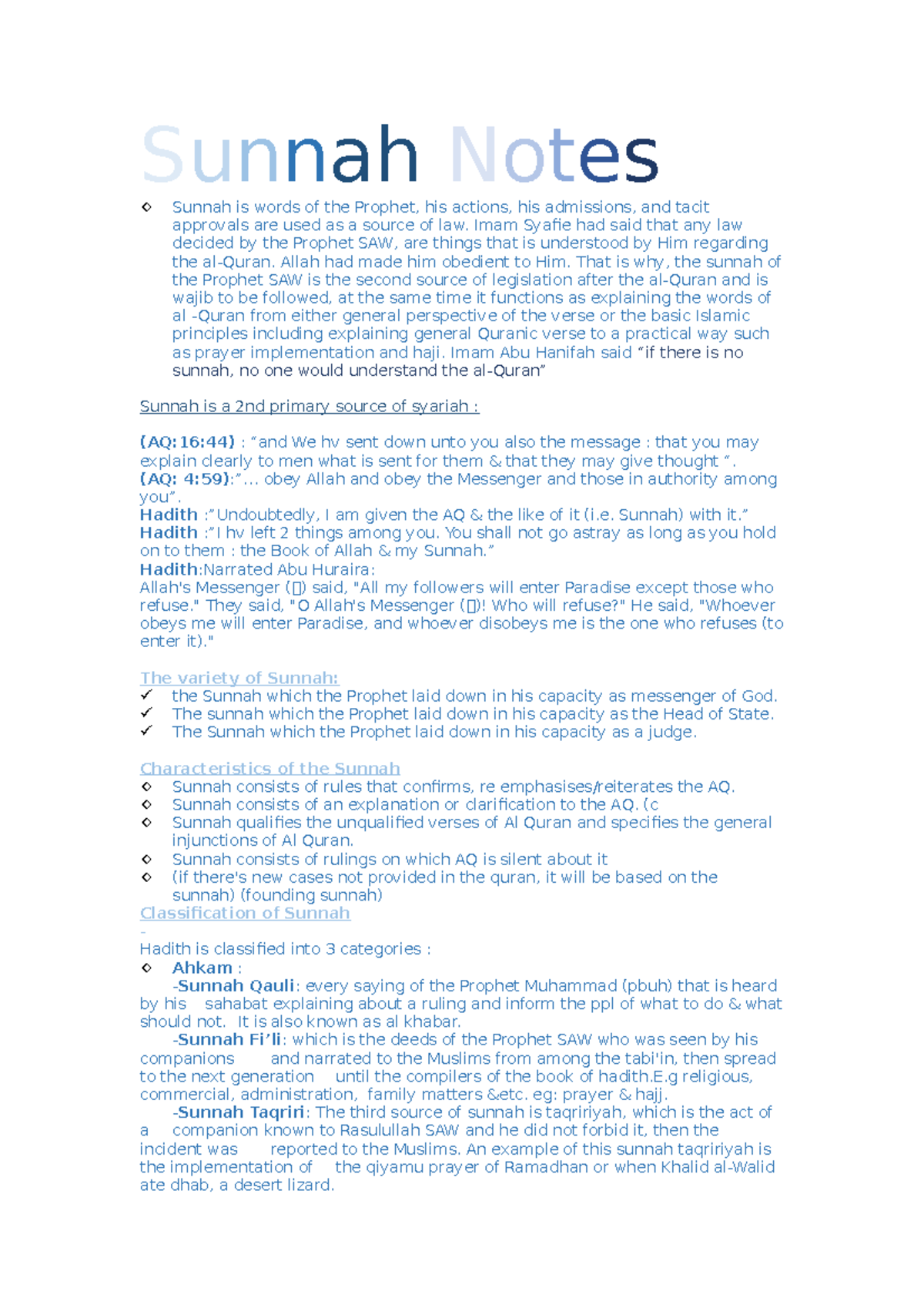Islamic Law I Student Notes from Lecture SUNNAH - Sunnah Notes Sunnah ...