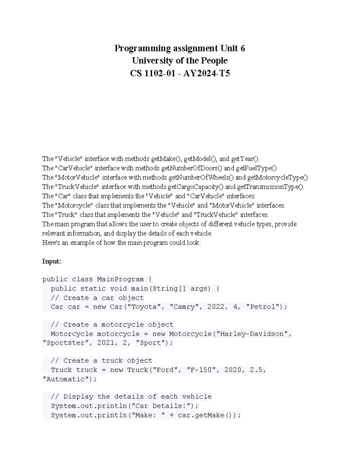 Programming assignment Unit 6 - The "CarVehicle" interface with methods ...