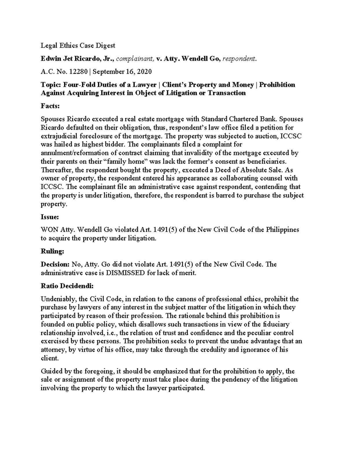 Law103 A.C. No. 12280 Edwin Jet Ricardo Jr. v - Legal Ethics Case ...