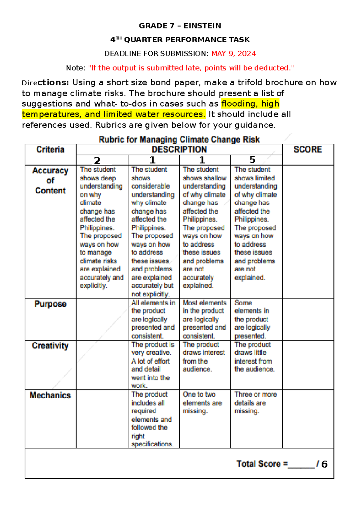 4th Quarter- Task - Performance task - GRADE 7 – EINSTEIN 4 TH QUARTER ...
