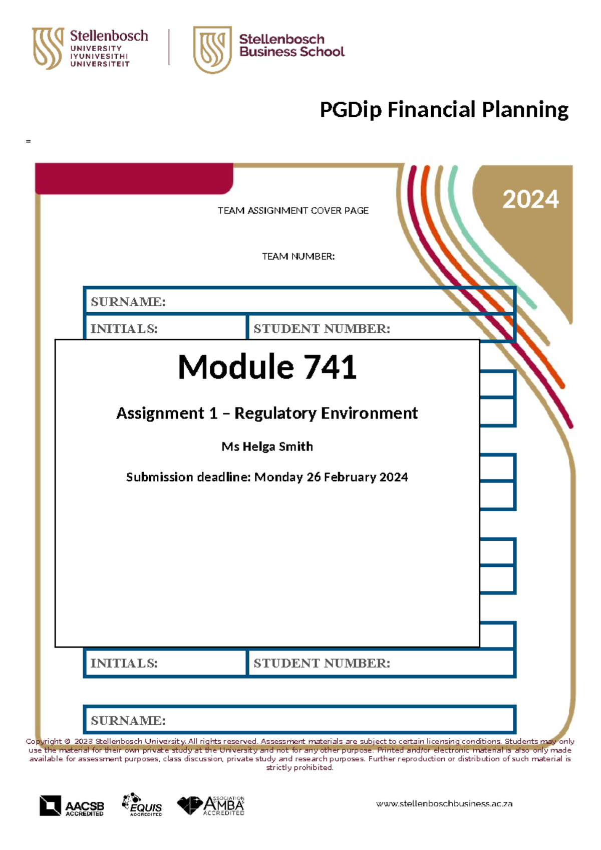 2024 Module 741 Assignment 1 - PGDip Financial Planning = TEAM ...