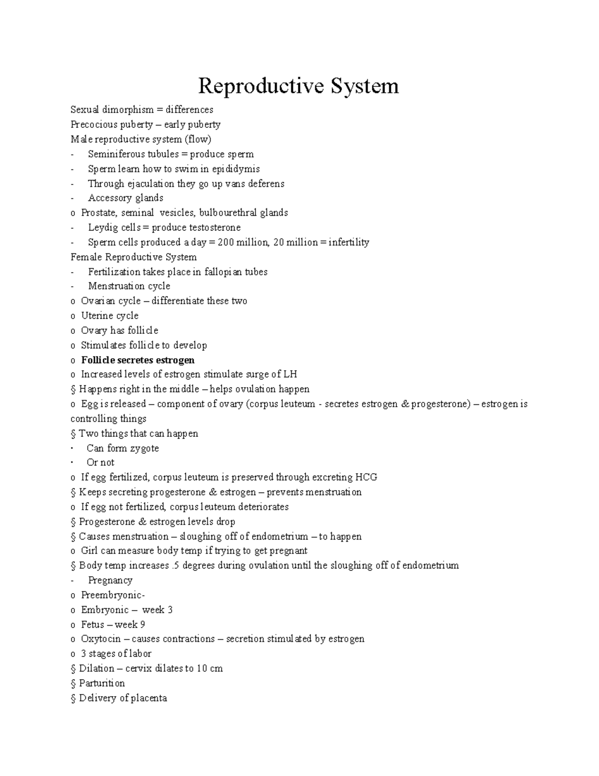 Human Physiology Final Review Notes - Reproductive System Sexual ...