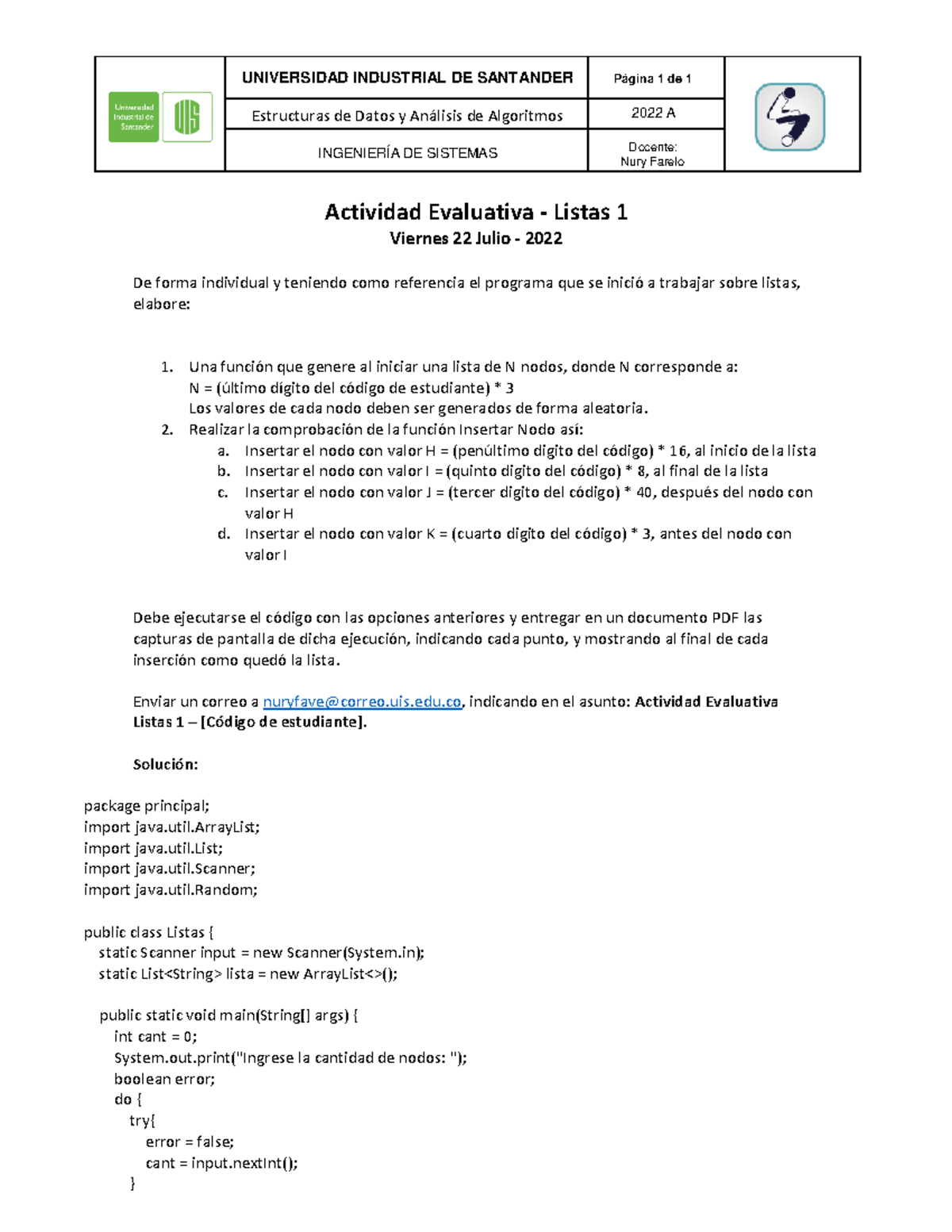 Estructuras De Datos Y Análisis De Algoritmos Parcial Listas 1 Universidad Industrial De