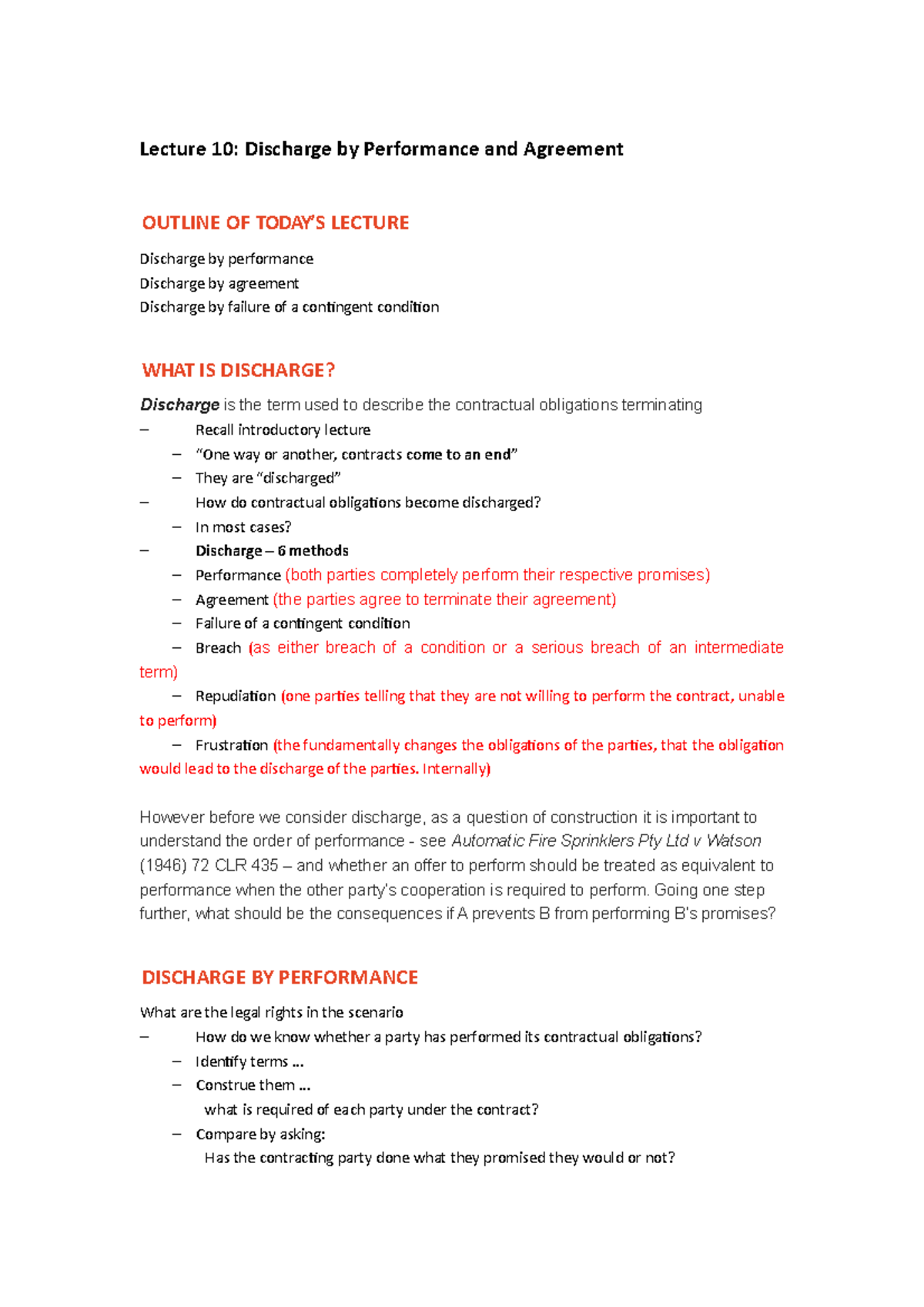 Lecture 10 Discharge by Performance and Agreement - Lecture 10: Discharge by Performance and ...