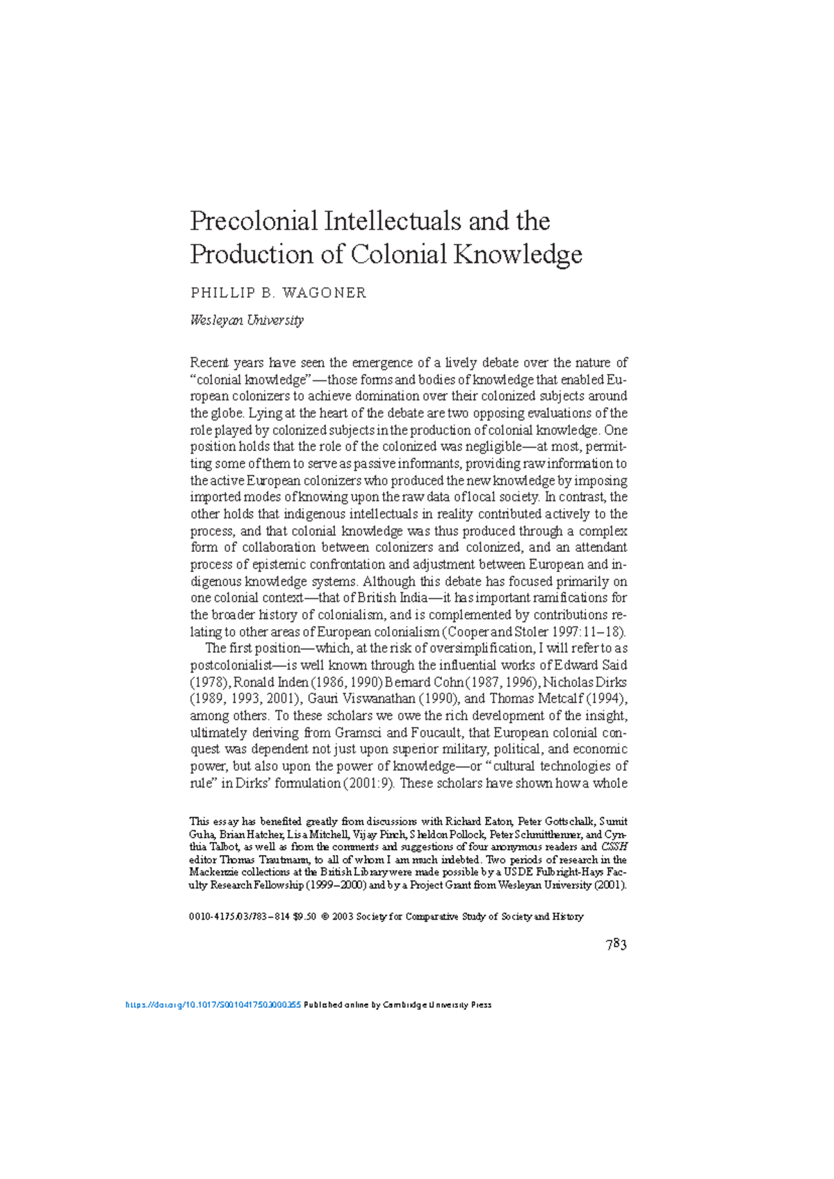 Production of Colonial Knowledge by Philip W - Precolonial ...