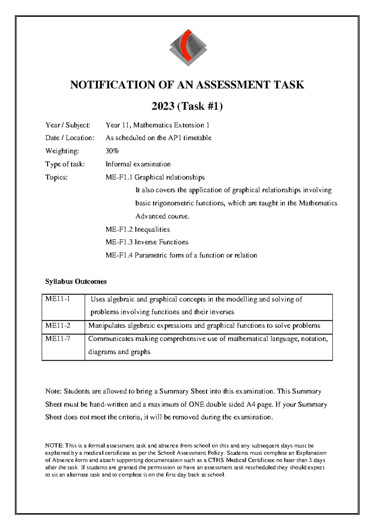 Year 11 Ext 1 AP1 2023 - Past ap1 paper - NOTIFICATION OF AN ASSESSMENT ...