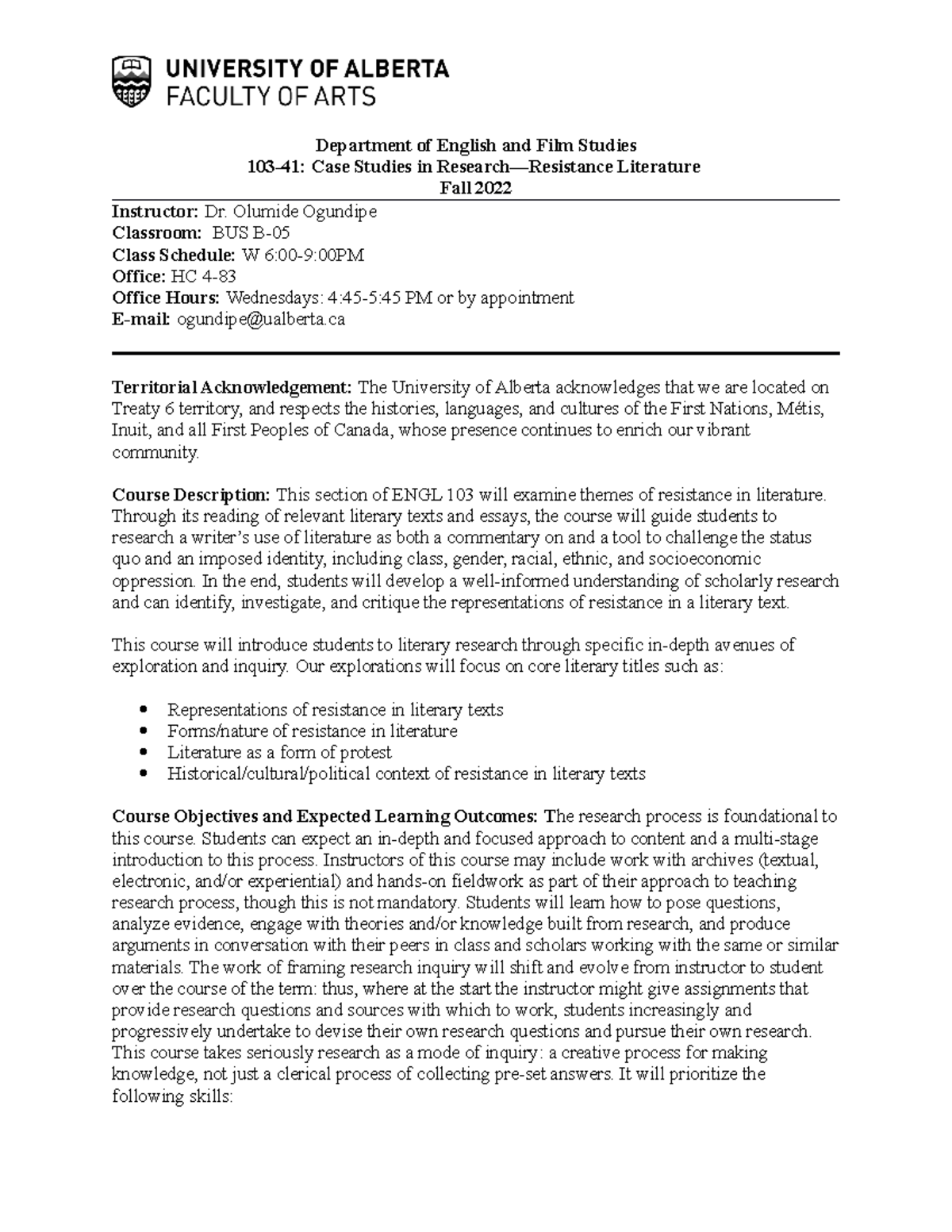 ENGL 103 X41 Syllabus Fall 2022 Olu Ogundipe - Department of English ...