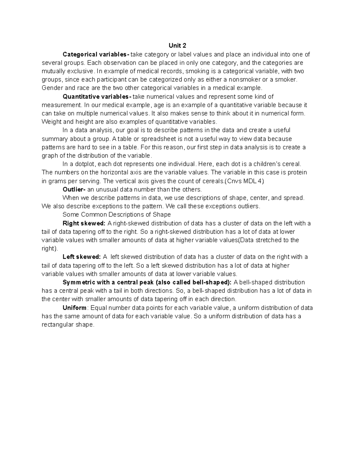 Unit 2 - Lecture notes - Unit 2 Categorical variables- take category or ...