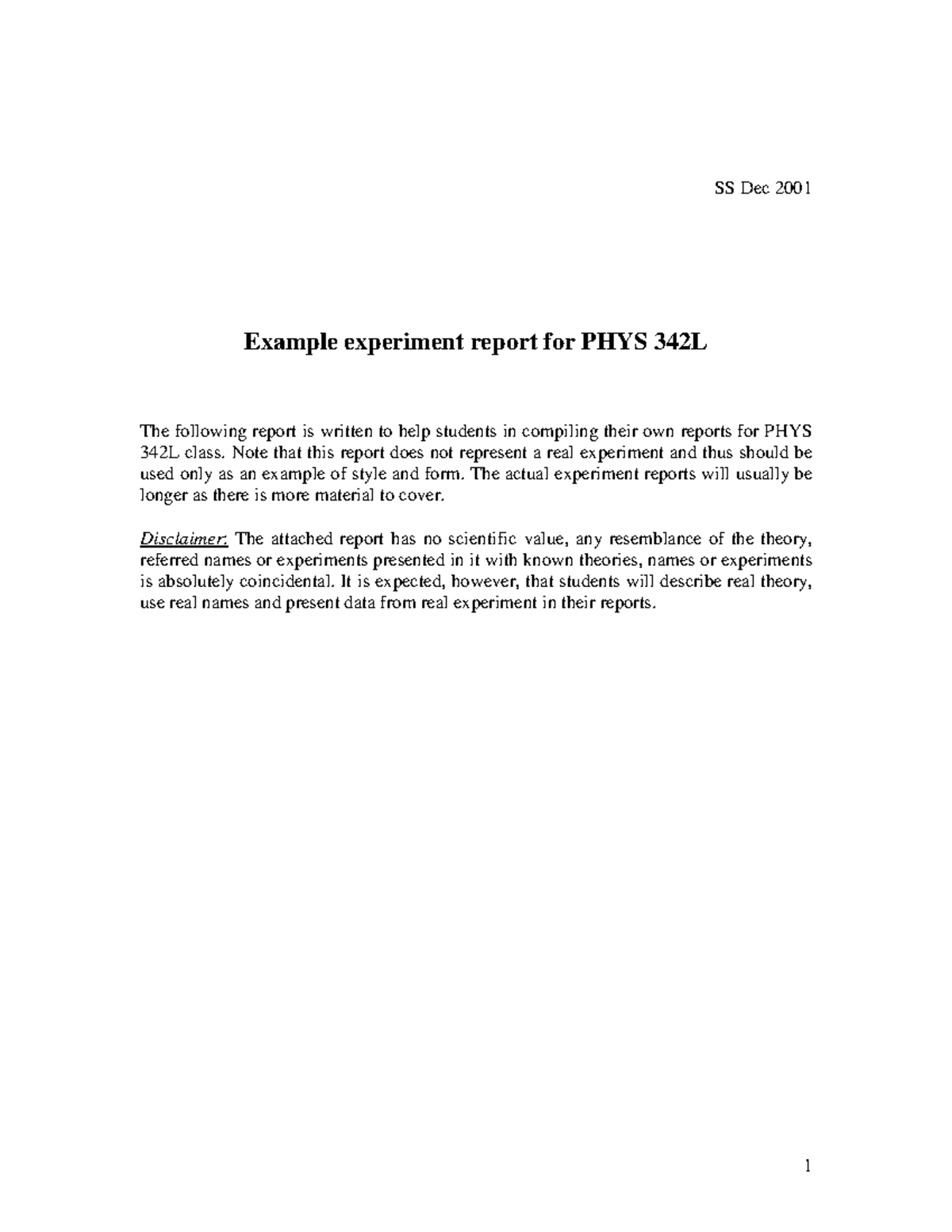 Examplereport - SS Dec 2001 Example experiment report for PHYS 342L The ...