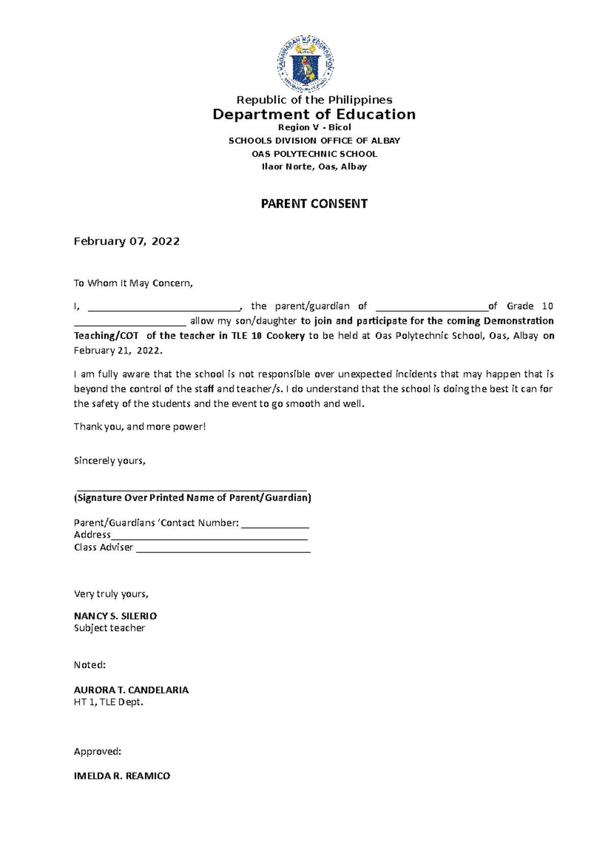 Parent Consent - jhvhbvhgkv - Republic of the Philippines Department of ...