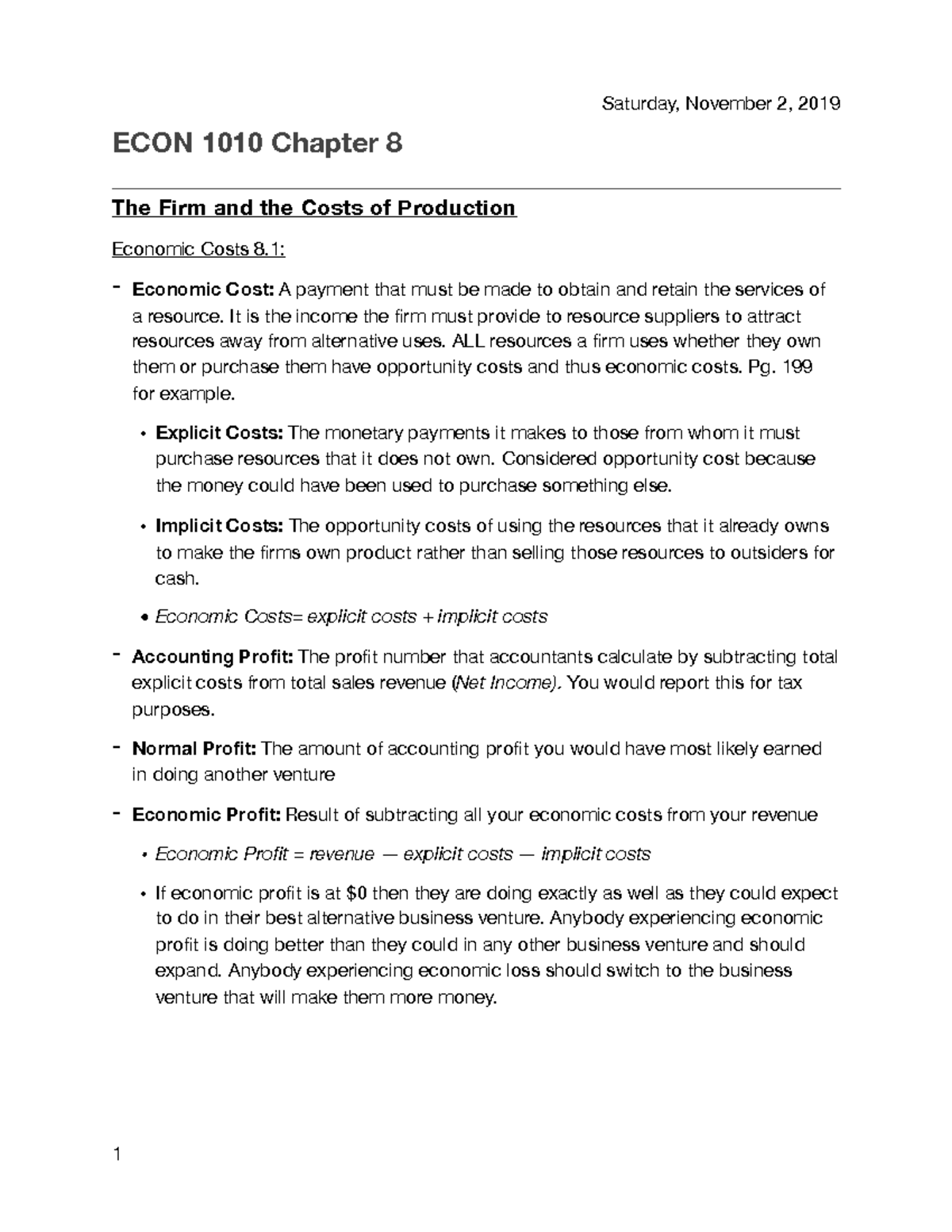 ECON 1010 Chp. 8 - Lecture notes 8 - ECON 1010 Chapter 8 The Firm and ...