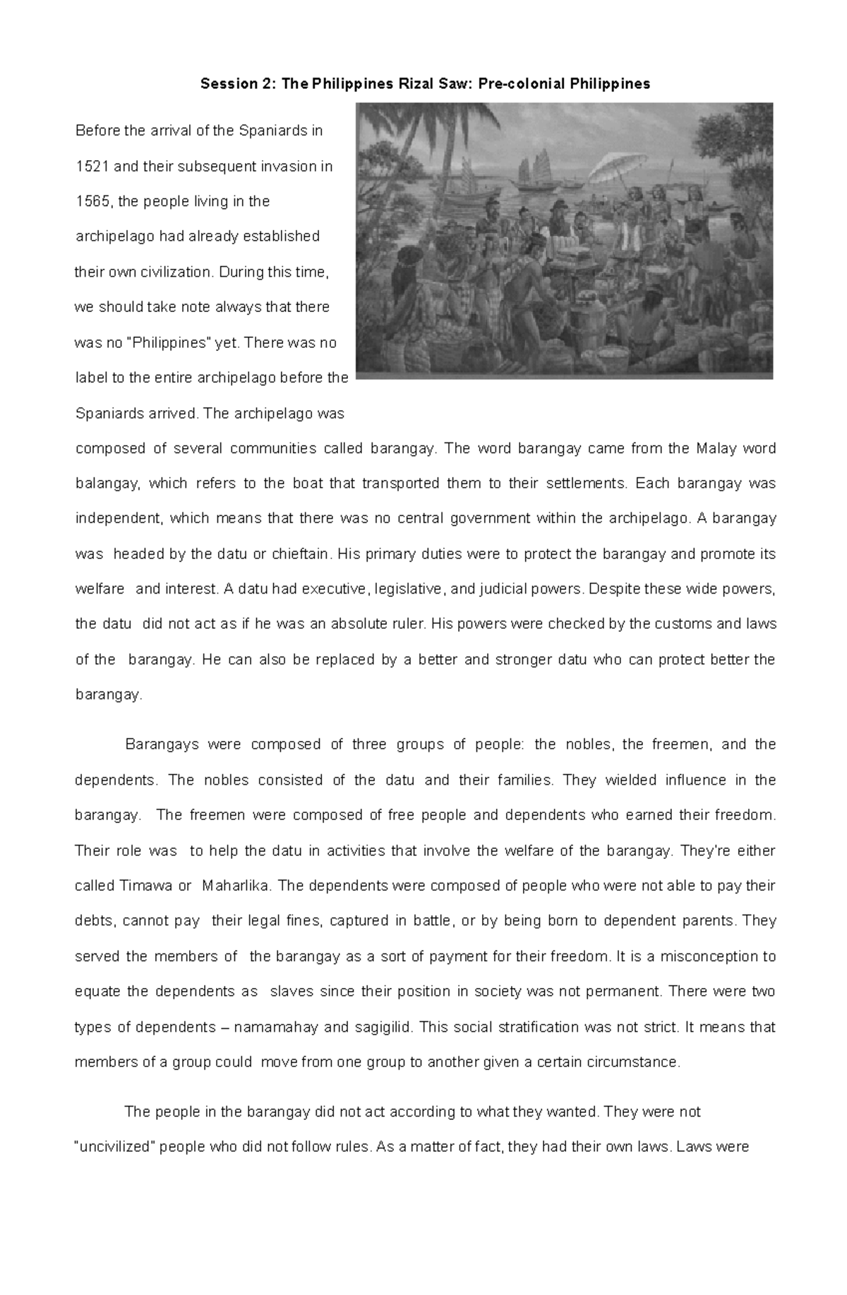 Day 2 The Philippines Rizal Saw Pre-colonial Philippines - Session 2: The Philippines Rizal Saw ...