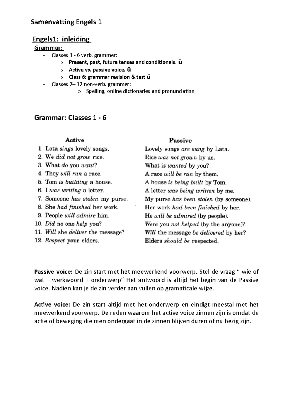 Engels 1 - GRAMAIRE - Engels1: inleiding Grammar: Classes 1 - 6 verb ...
