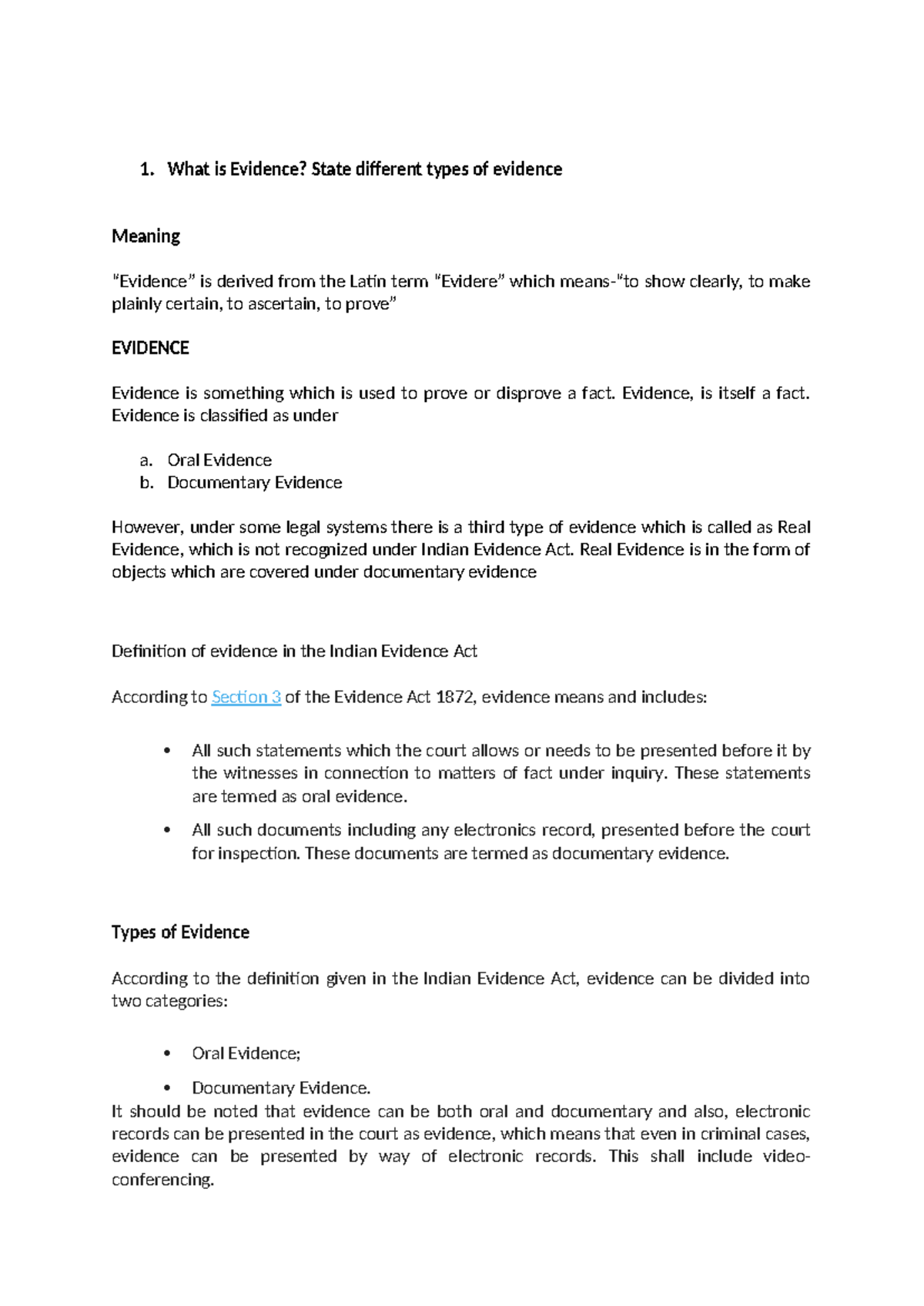 Evidence Exam notes - 1. What is Evidence? State different types of ...