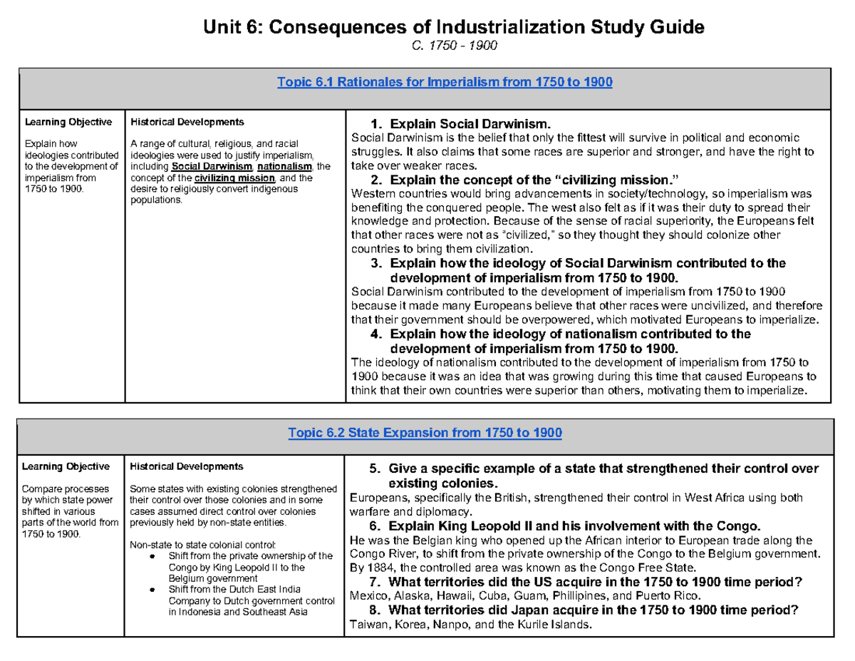 Unit 6 - Imperialism - Reading Guide - Unit 6: Consequences of ...