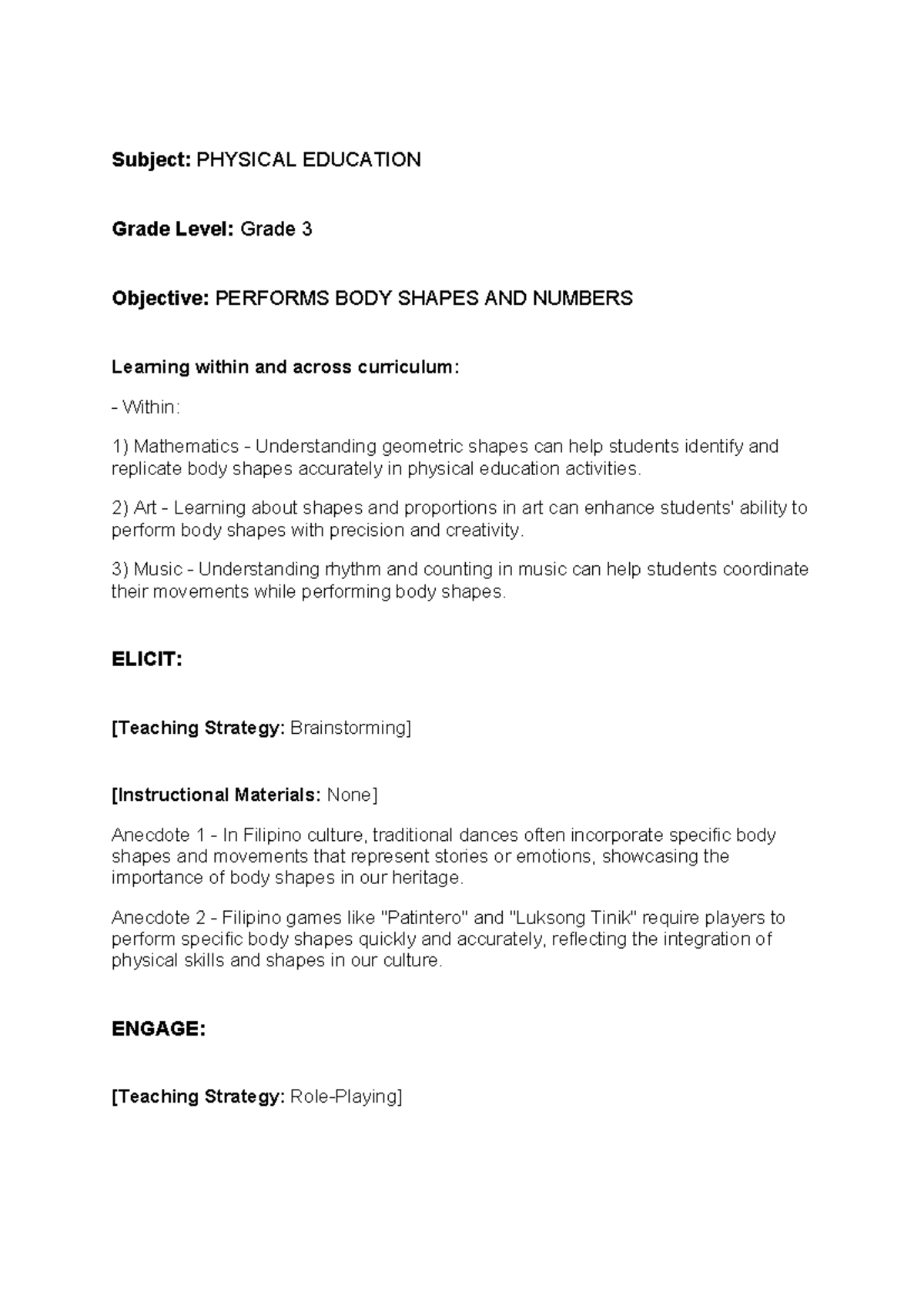 Lesson plan - NEED TO SUMBIT - Subject: PHYSICAL EDUCATION Grade Level ...