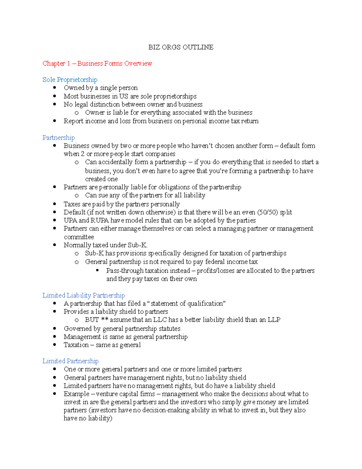 BIZ ORGS Outline chap 1 - BIZ ORGS OUTLINE Chapter 1 – Business Forms ...