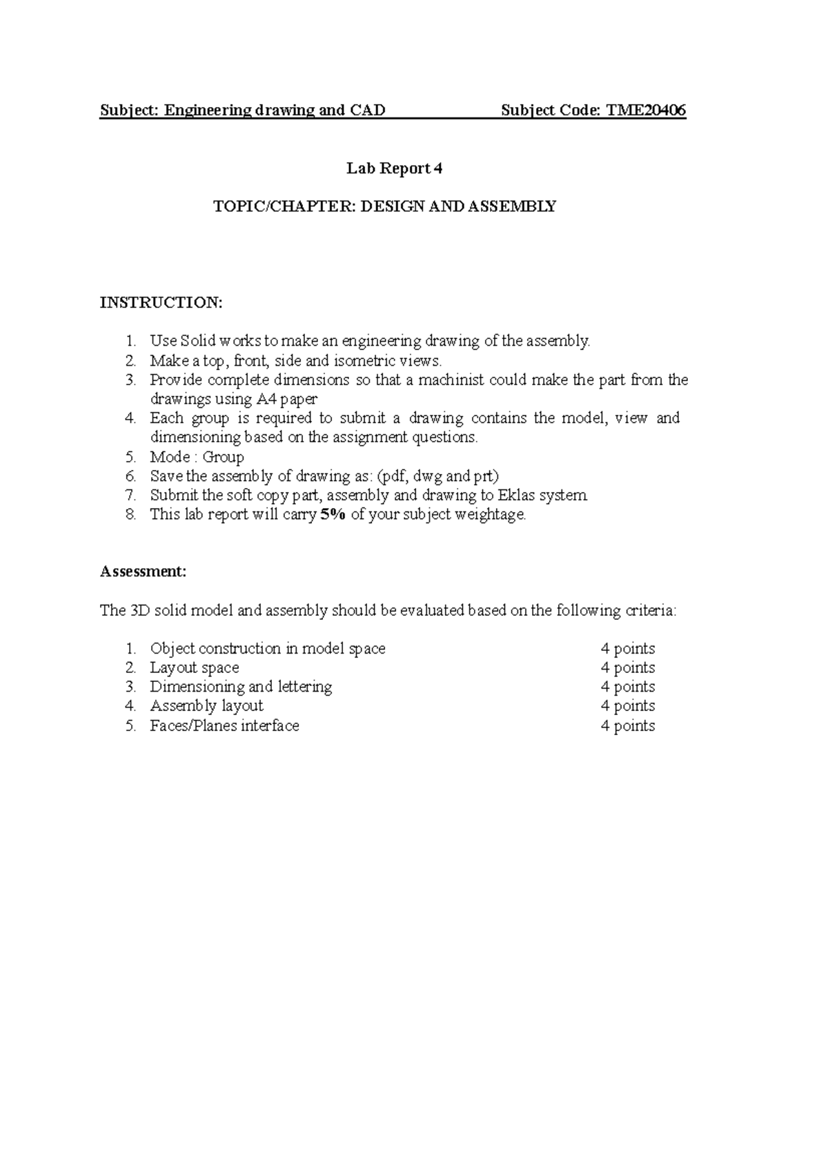 Lab 4- Solidworks and CAD - Subject: Engineering drawing and CAD ...