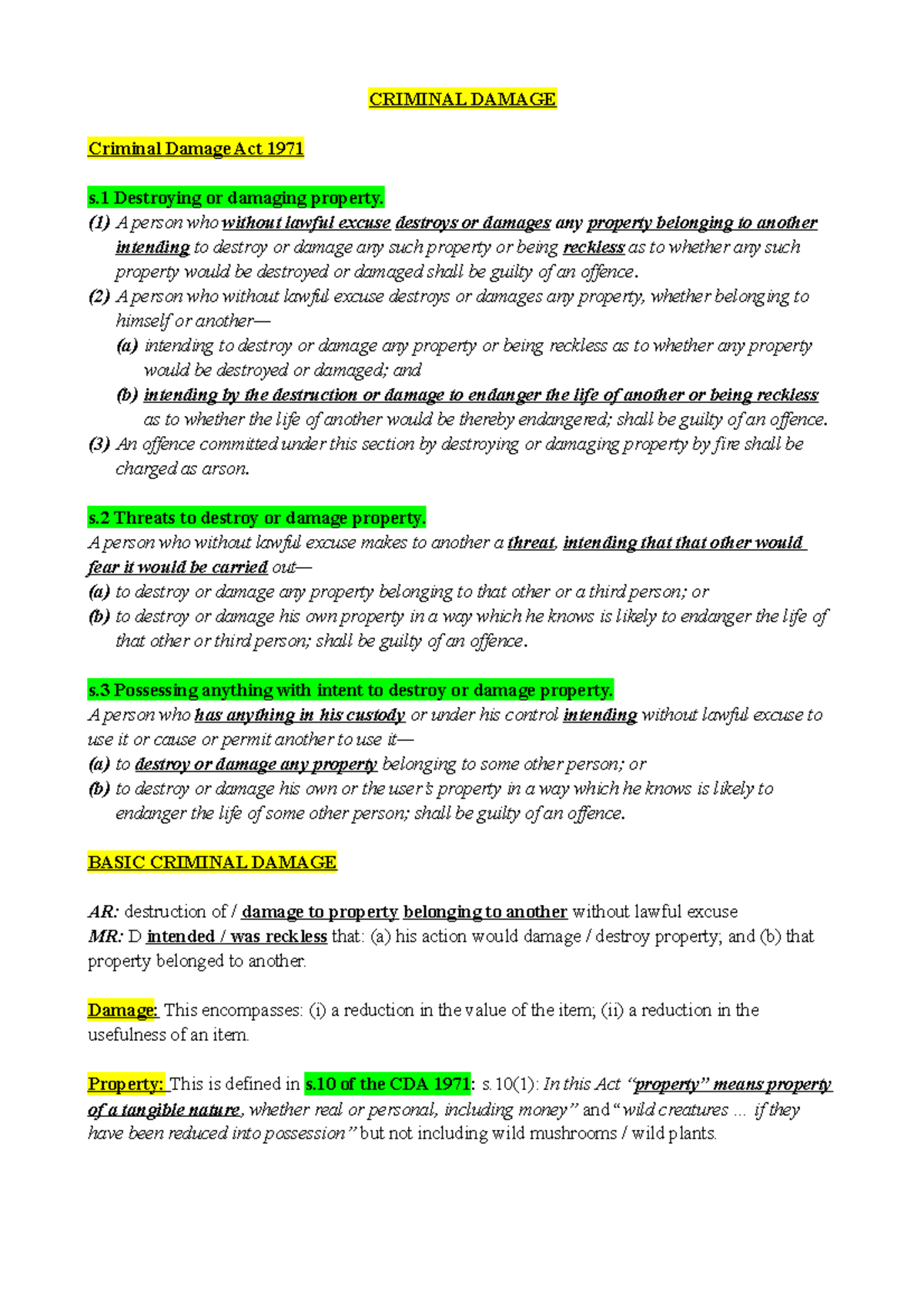 Criminal Damage - Short - CRIMINAL DAMAGE Criminal Damage Act 1971 s ...