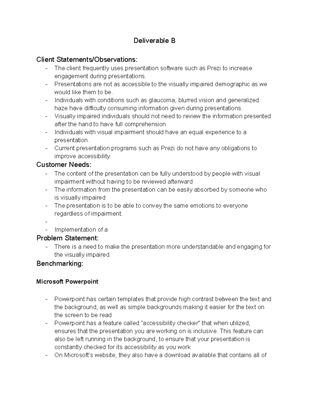 Deliverable B - Deliverable B Client Statements/Observations: The ...