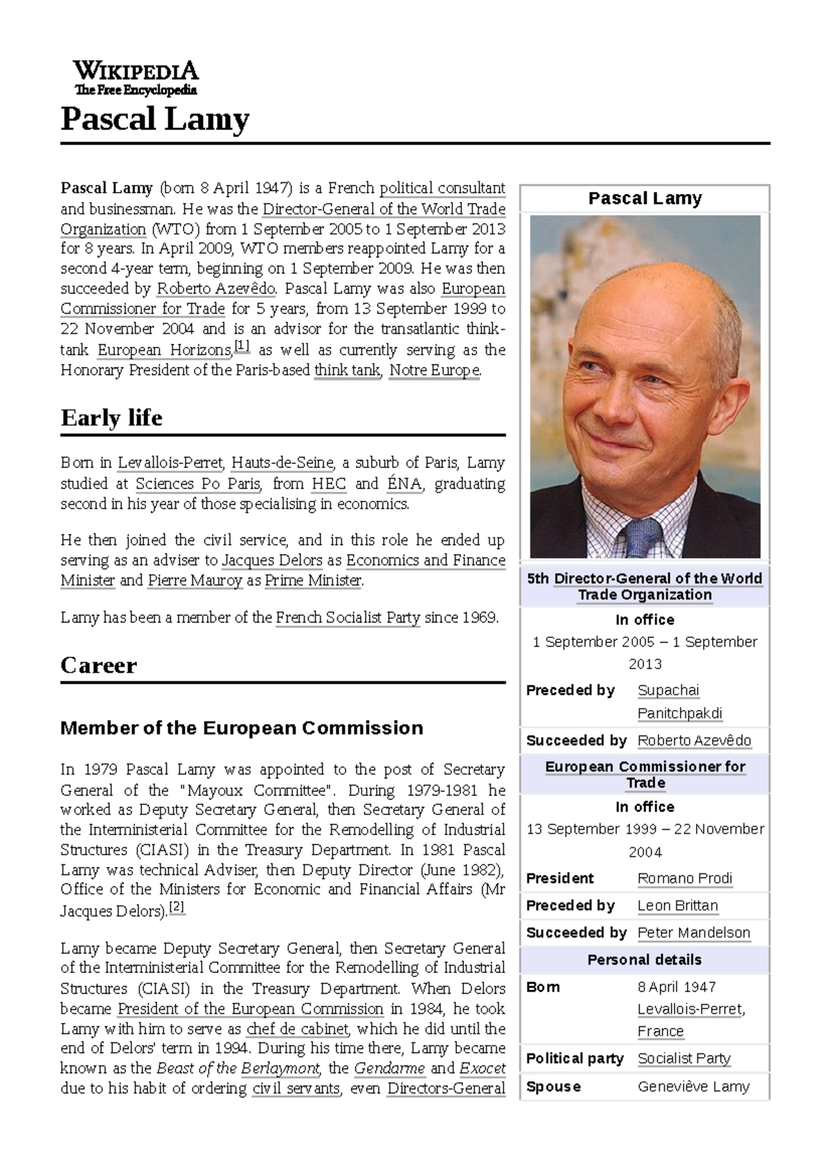 Pascal Lamy - Pascal Lamy 5th Director-General of the World Trade ...
