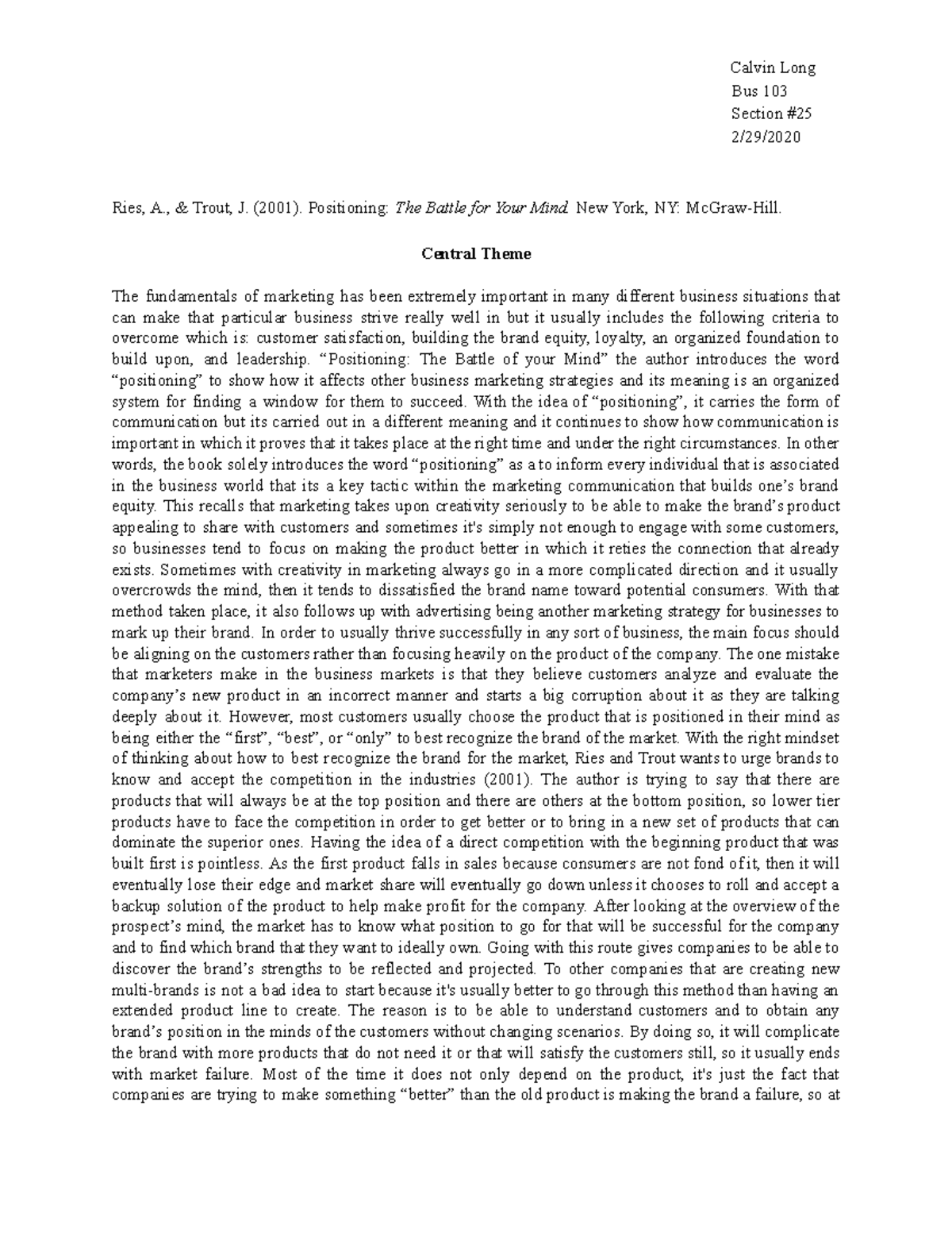 BUS 103 Positioning Reading Notes - Calvin Long Bus 103 Section # 2/29 ...