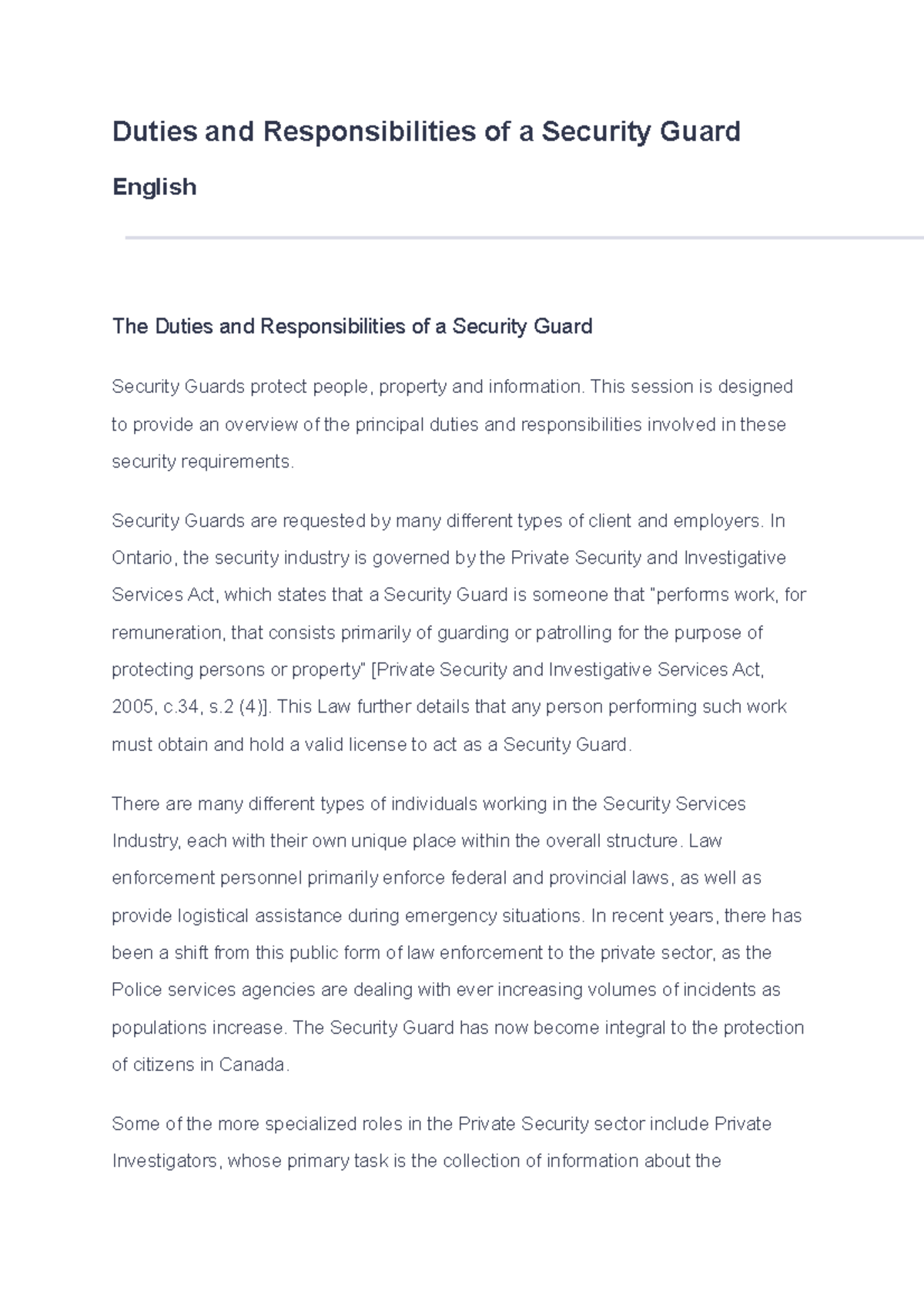 Security Guard - introduction - Duties and Responsibilities of a ...