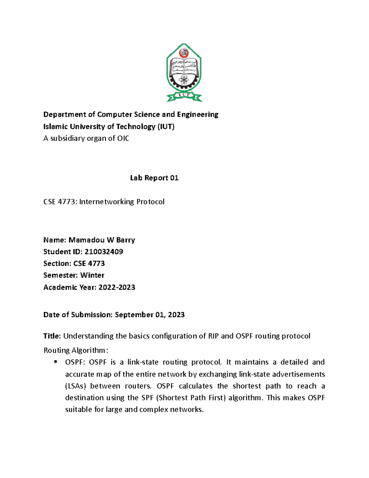 210032409 RIP OSPF Rounting Protocol LAB Report - Department of Computer Science and Engineering ...
